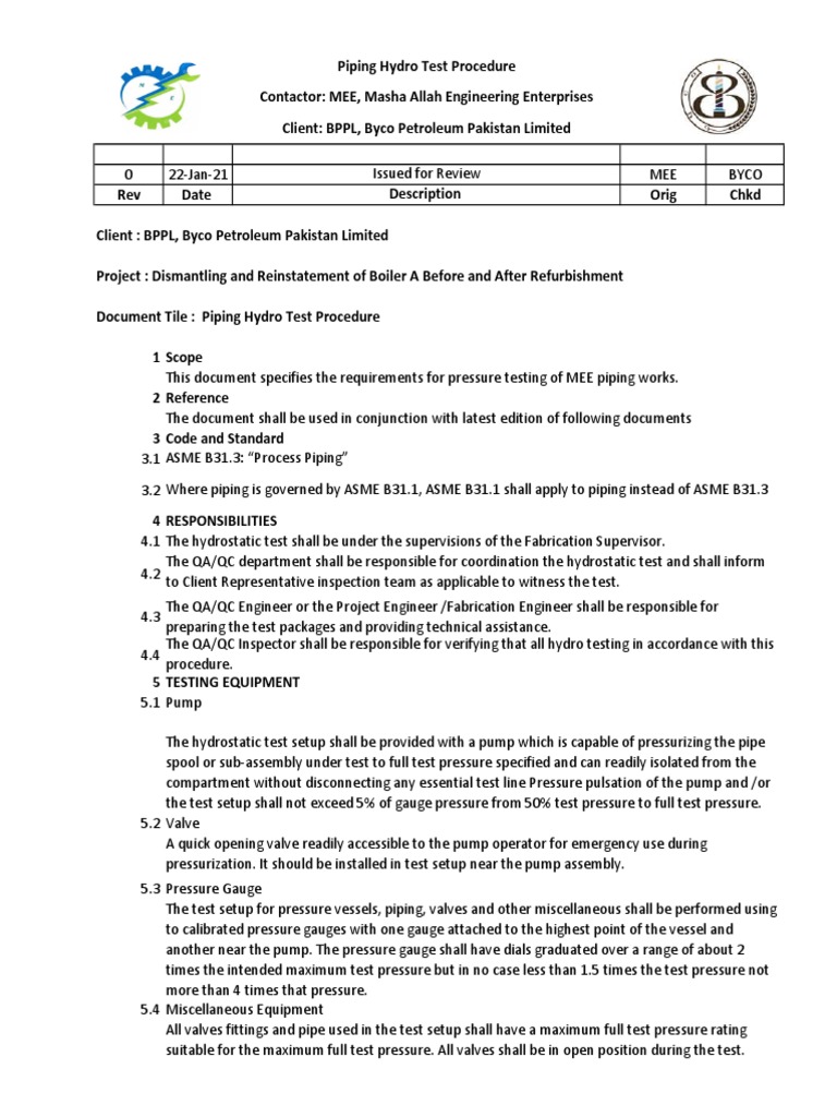 Piping Hydro Test Procedure | PDF | Pipe (Fluid Conveyance) | Plumbing