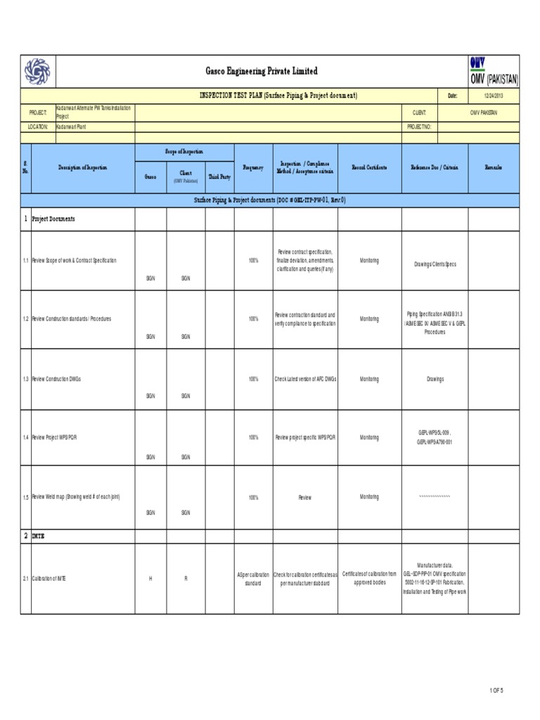 ITP - (PIPING & Project documents).pdf | PDF
