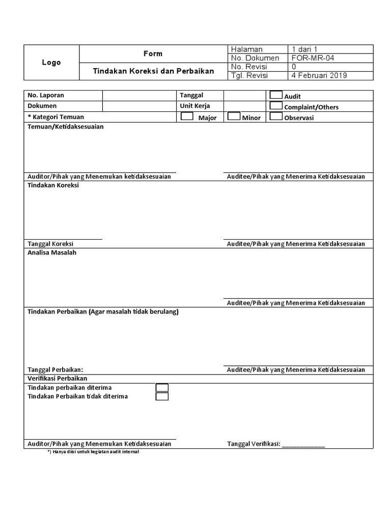 Form Tindakan Koreksi Dan Perbaikan | PDF