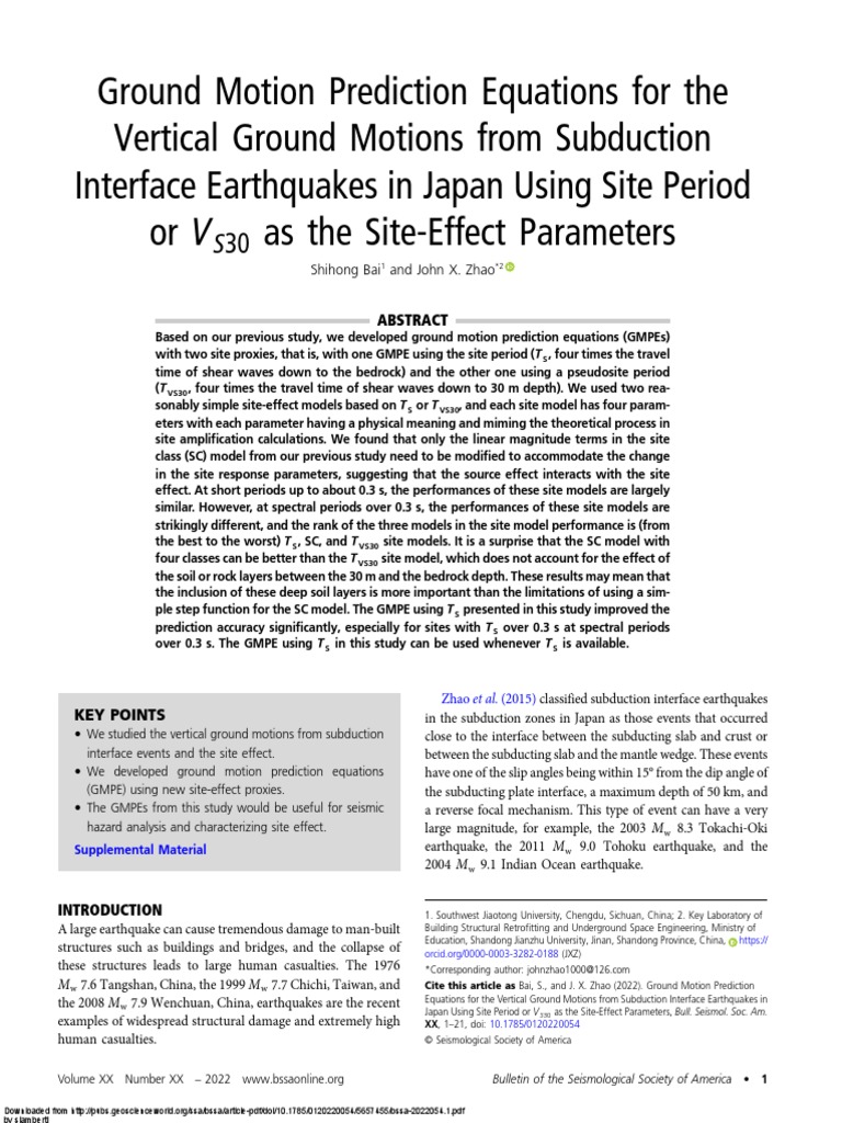 Bssa-2022054.1 Ground Motion Prediction Equations For The Vertical Ground Motions From ...