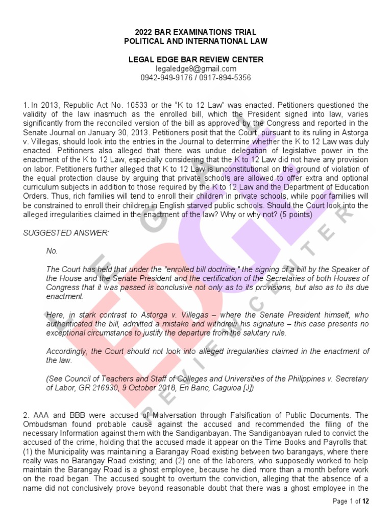 Answer Key - 2022 Bet - Political and International Law | PDF