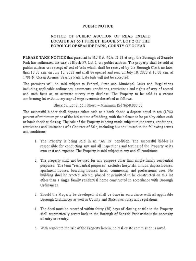 Public Notice Auction 66 I St. | PDF | Auction | Deed