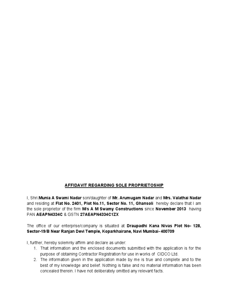 Affidavit For Sole Proprietorship | PDF