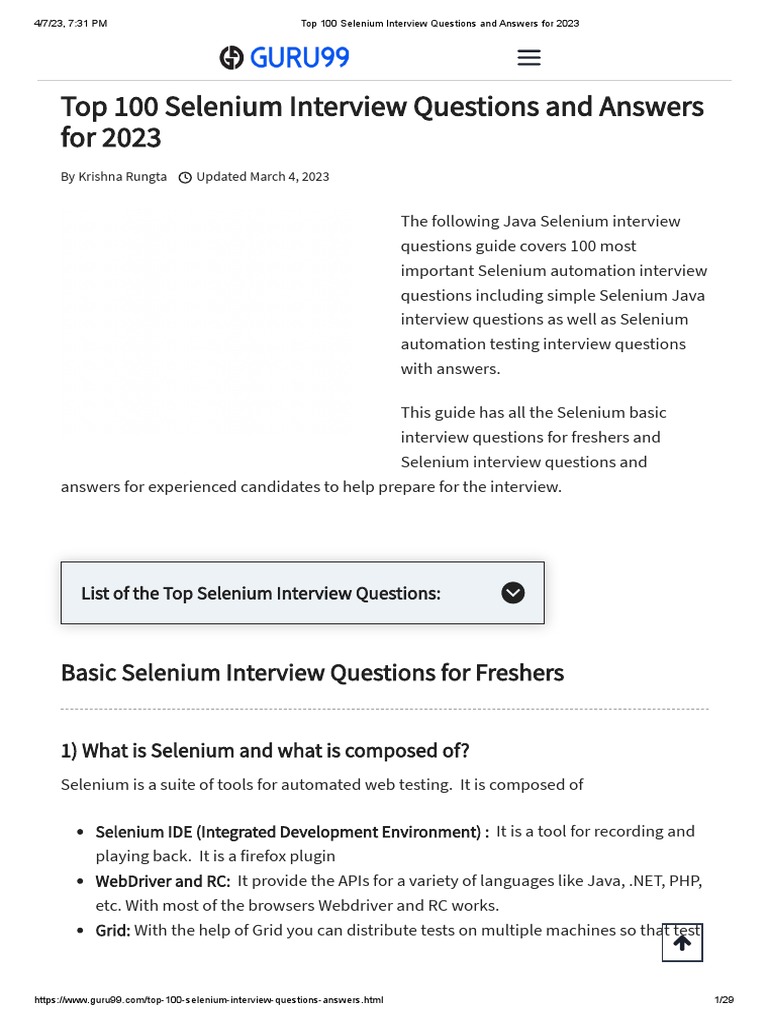 Top 100 Selenium Interview Questions and Answers For 2023 | PDF | Selenium (Software) | Software ...
