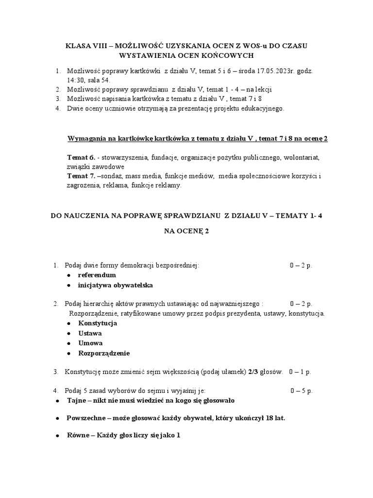 KLASA VIII MOŻLIWOŚĆ UZYSKANIA OCEN Z WOS-u | PDF