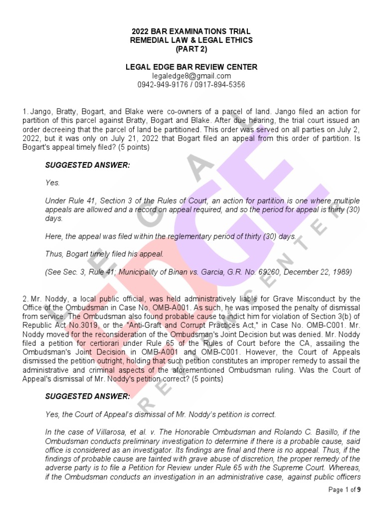 2022 Remedial Law & Ethics Exam Review | PDF | Lawsuit | Judgment (Law)