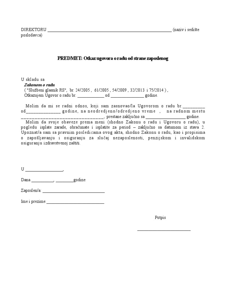 PREDMET Otkaz Ugovora o Radu Od Strane Zaposlenog | PDF