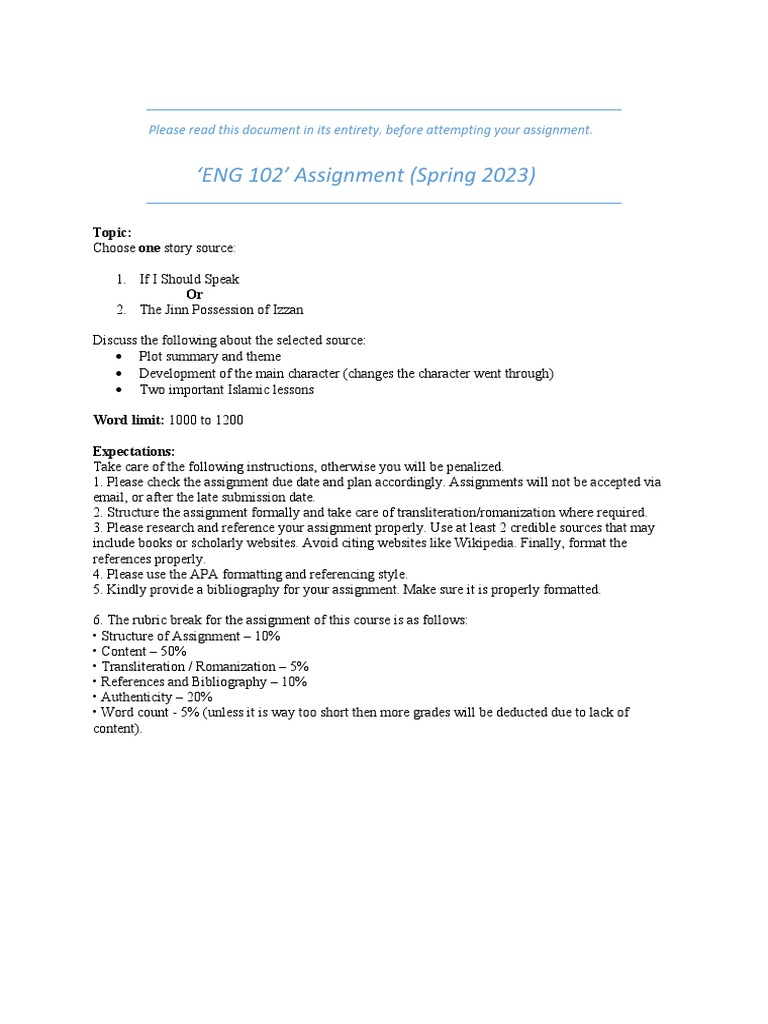 ENG 102 Assignment (Spring 2023) | PDF | Plagiarism