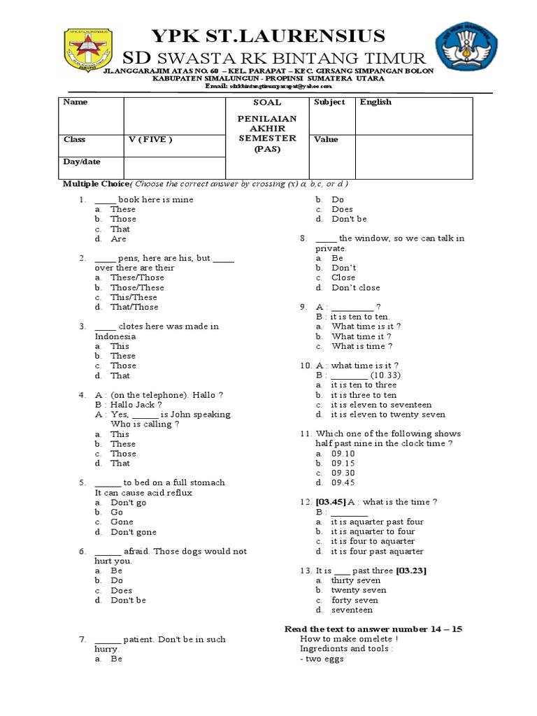 Soal Pas Kelas 5 23 Pdf Food And Drink Preparation Foods