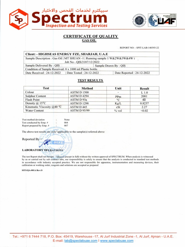 Gas Oil Quality Certificate Report | PDF
