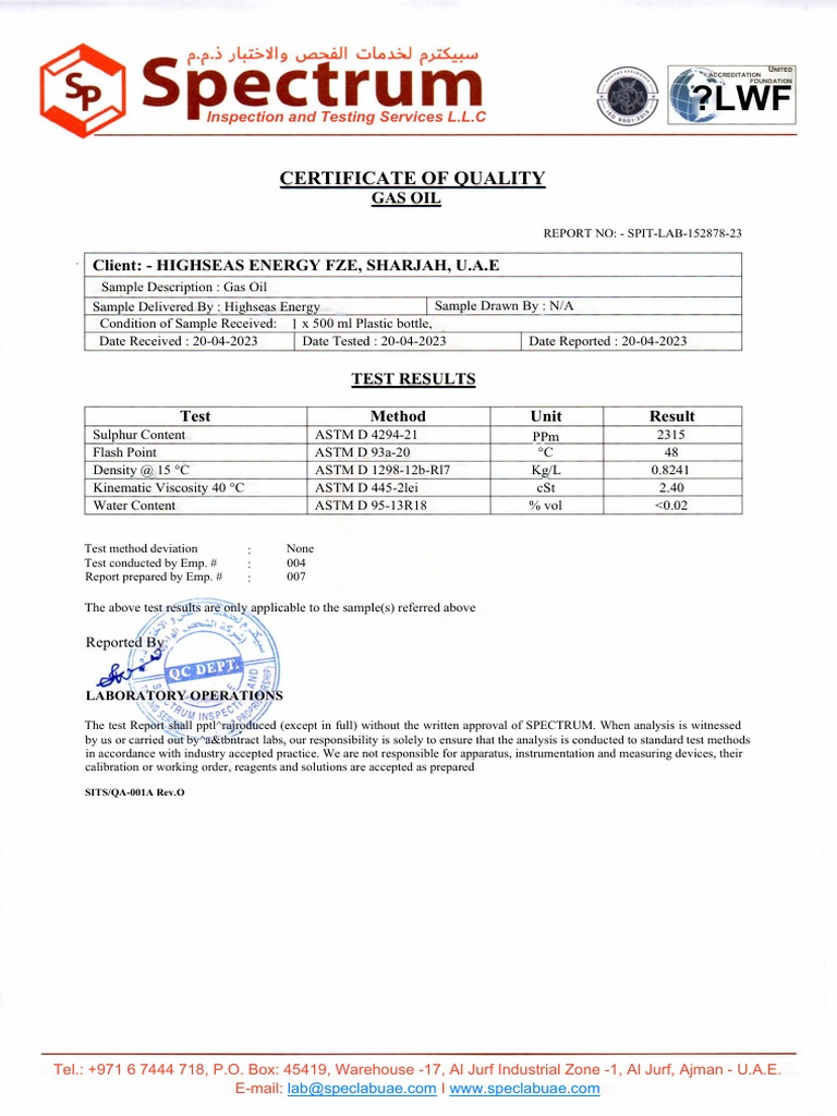 Certificate of Quality: Gas Oil | PDF | Viscosity | Applied And Interdisciplinary Physics