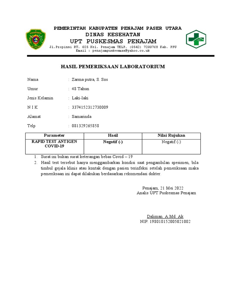 Surat Keterangan Hasil Antigen | PDF