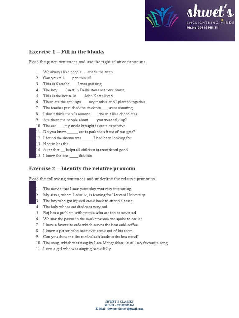 Relative Pronouns Exercises Worksheet | PDF