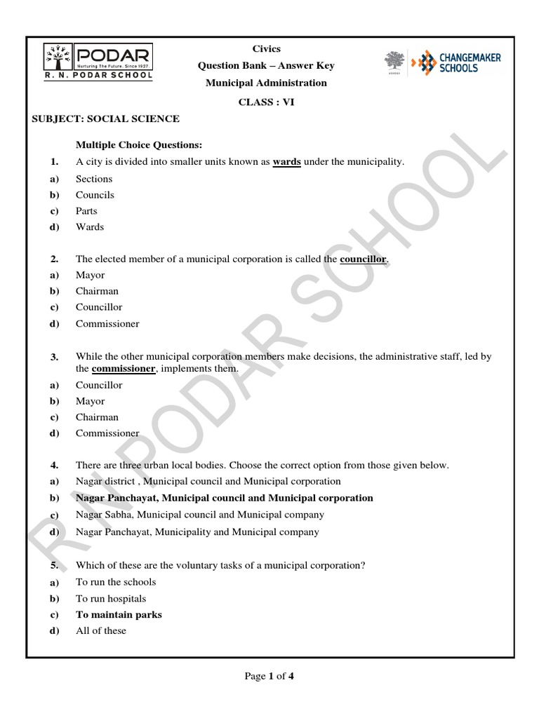 Grade 6 - Civics - Municipal Administration - Question Bank Answer Key ...