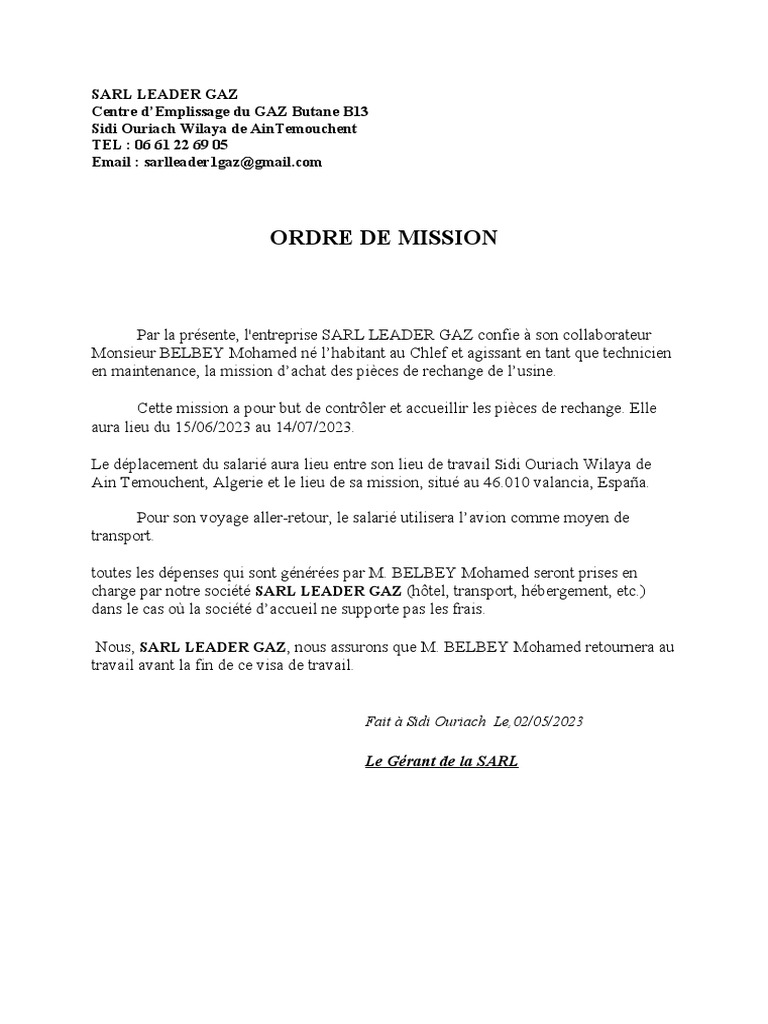 Ordre de mission pour M. BELBEY Mohamed | PDF | Affaires | Finance et ...