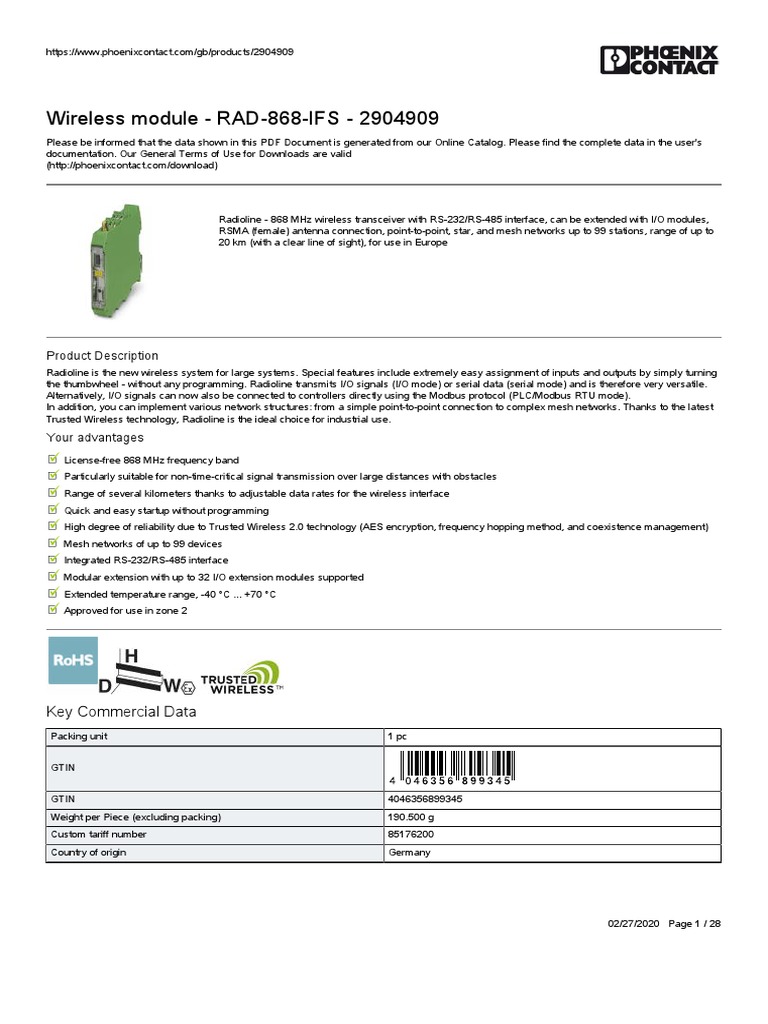 Wireless Module - RAD-868-IFS - 2904909: Product Description | PDF ...