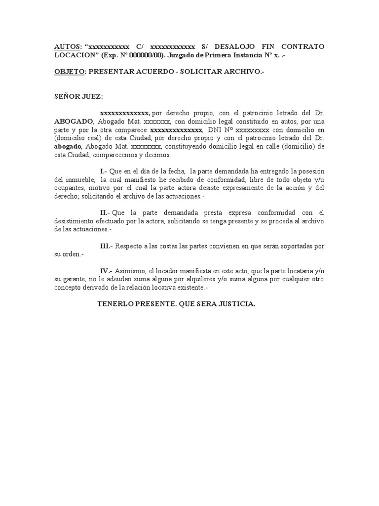 Modelo de Acuerdo Desalojo | PDF