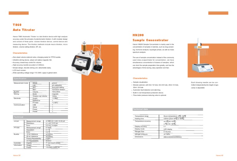 Hanon T860 Auto Titrator Specs | PDF | Titration | Chemistry