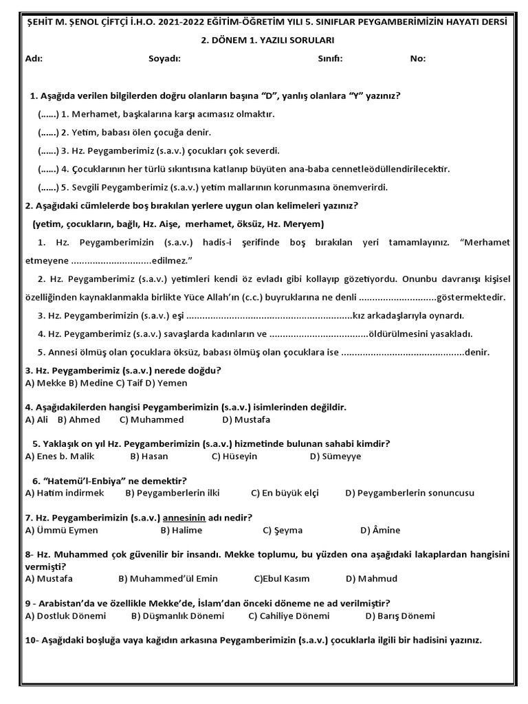 Siniflar Siyer 2.donem 1. Yazili | PDF