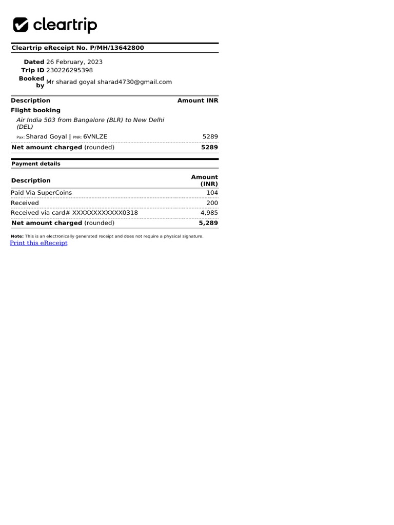 Cleartrip Receipt | PDF