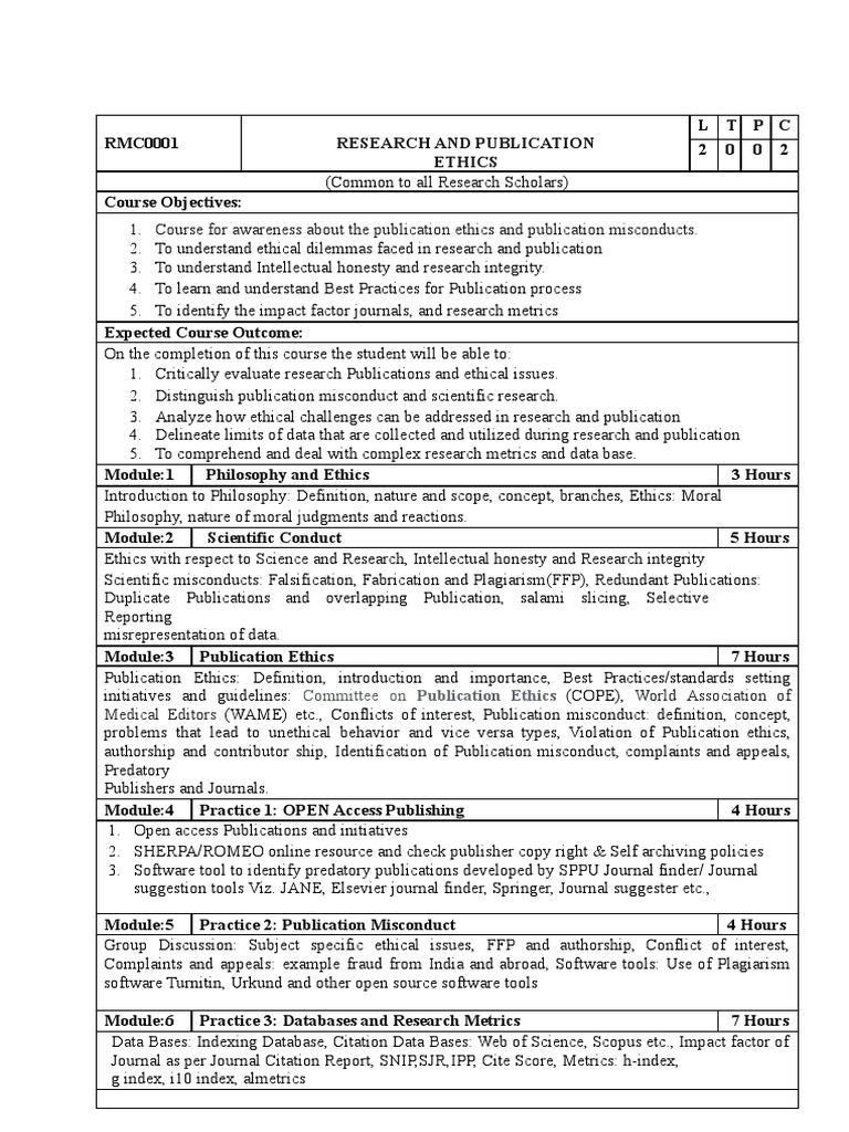 RMC0001 - Research Publications & Ethics Syllabus | PDF | Open Access | Integrity