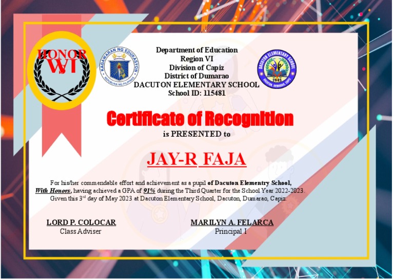 Certificate 3RD Quarter W SCH Logo | PDF