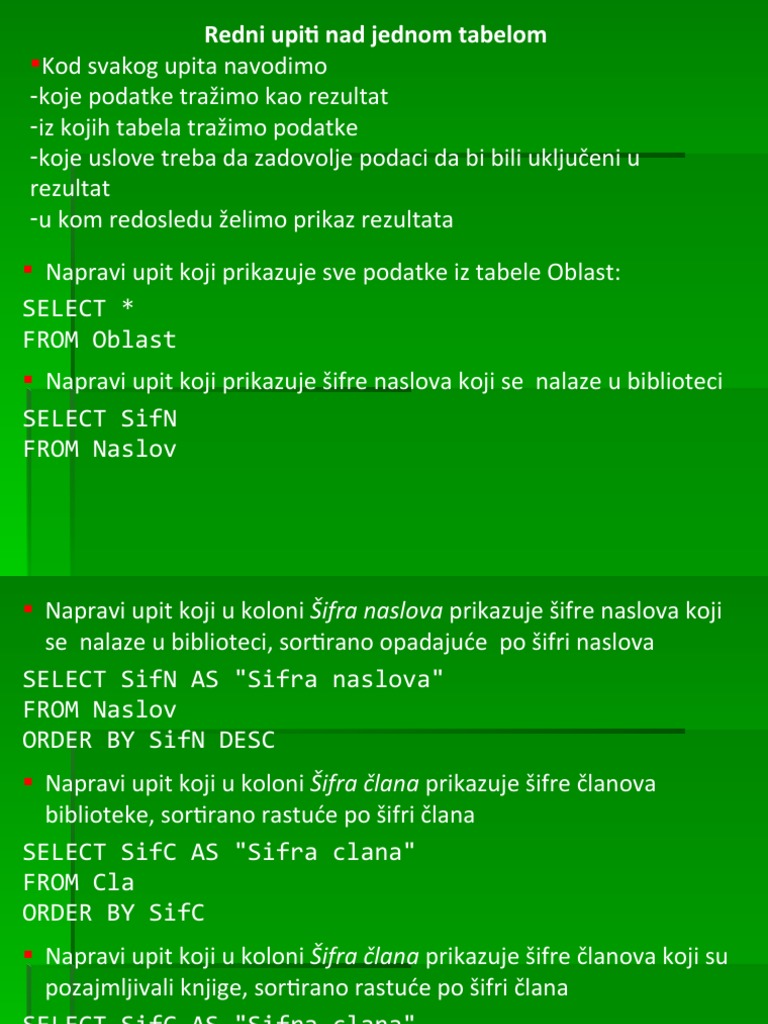 07 SQL Upiti Nad Jednom Tabelom | PDF