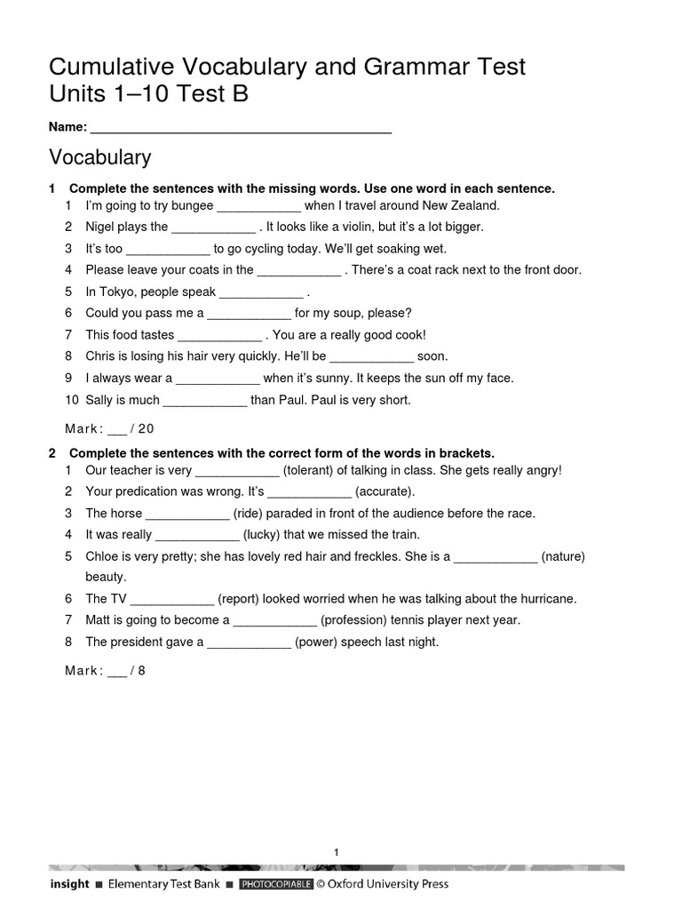 Cumulative Vocabulary Grammar Test Units 1 10 B | PDF