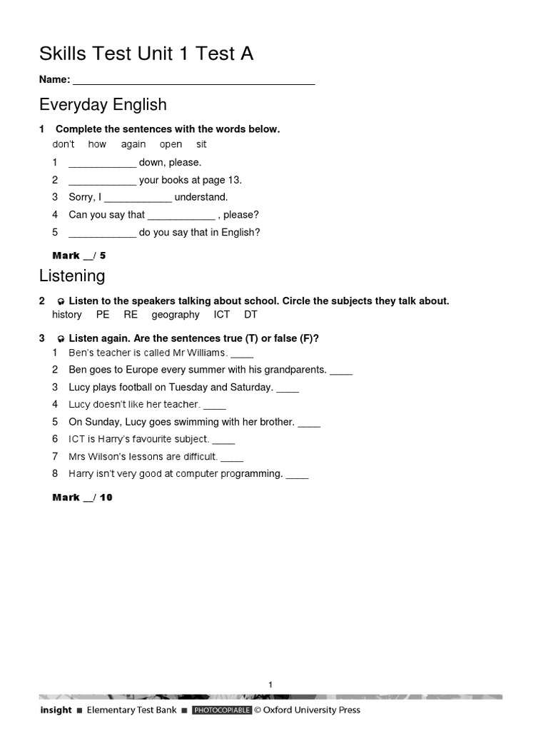 Skills Test Unit 1 A | PDF