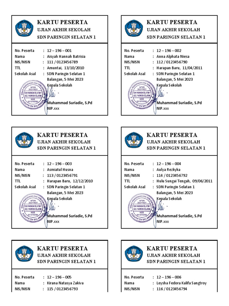 Format Kartu Ujian | PDF