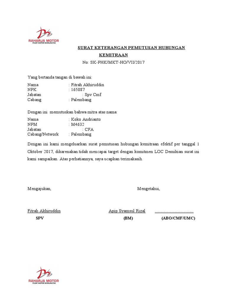 Surat Keterangan Pemutusan Hubungan Kemitraan | PDF