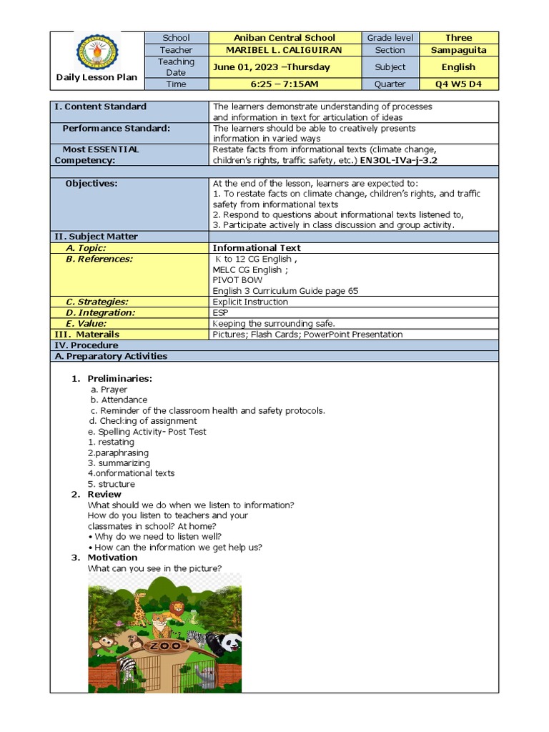 Eng 3 Q4 W5 D4 | PDF | Lesson Plan | Education Theory