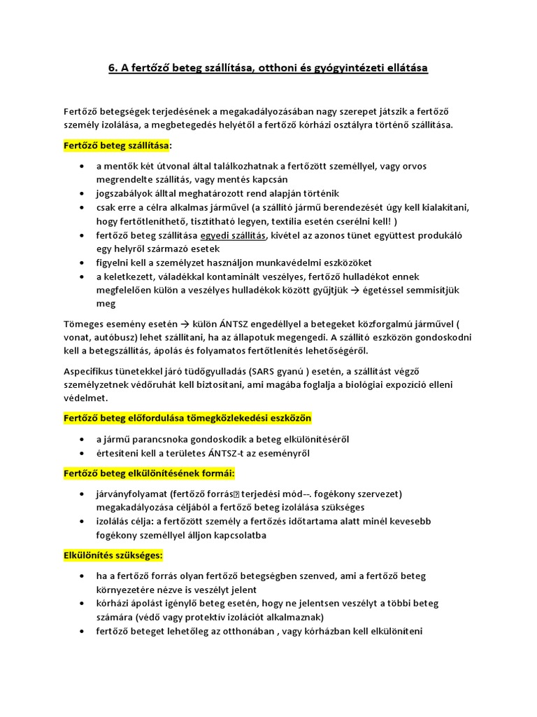 A fertőző beteg szállítása, otthoni gyógyintézeti ellátása | PDF