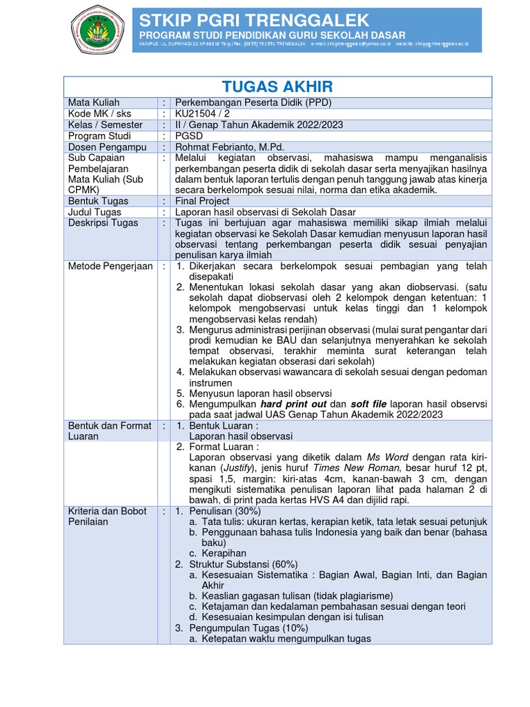 Petunjuk Tugas Akhir_mk Ppd_pgsd-1 | PDF