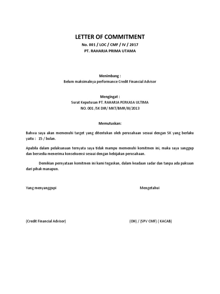 LETTER OF COMMITMENT untuk sales CFA | PDF