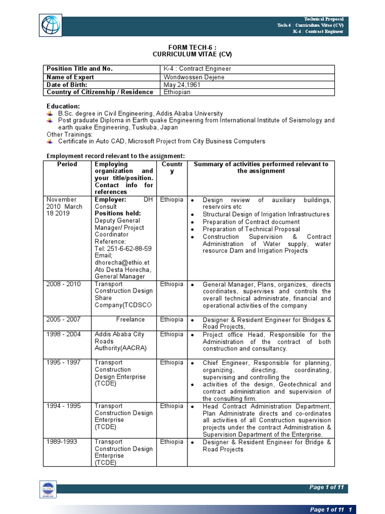 Contract Engineer CV: Wondwossen Dejene | PDF | General Contractor ...