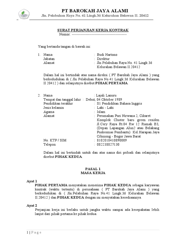 Contoh Surat Perjanjian Kerja Kontrak Freelancer | PDF