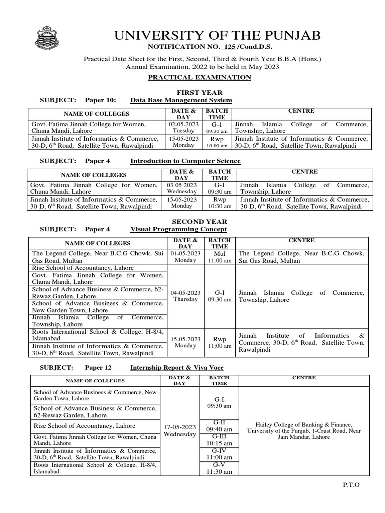 Practical Date Sheet For The First Second Third Fourth Year BBA Hons 37984 | PDF | Lahore ...