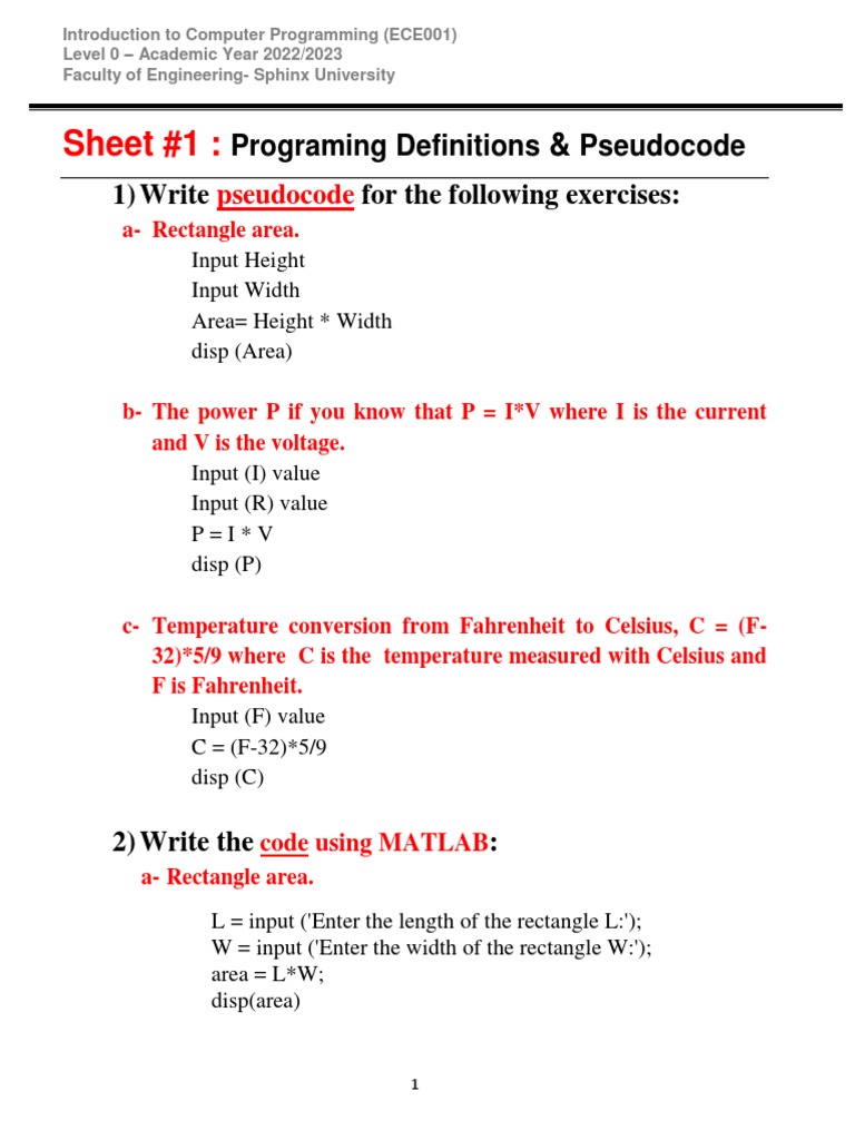 Sheet 1 Programing Definitions And Pseudocode Pdf Pdf