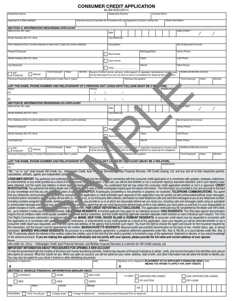 Sample Vehicle Credit Application Form | Credit History | Credit