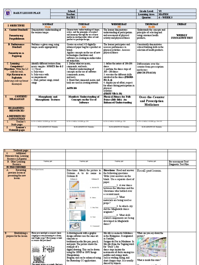 Grade VI MAPEH Weekly Lesson Plan | PDF