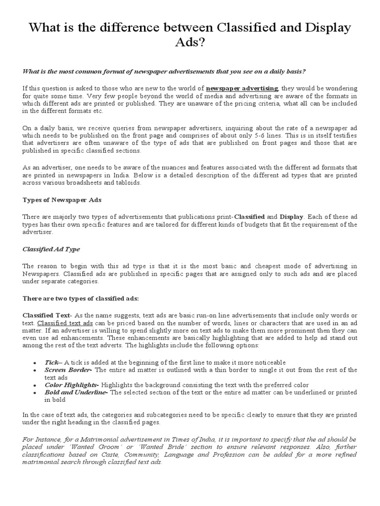 What Is The Difference Between Classified and Display Ads | PDF ...