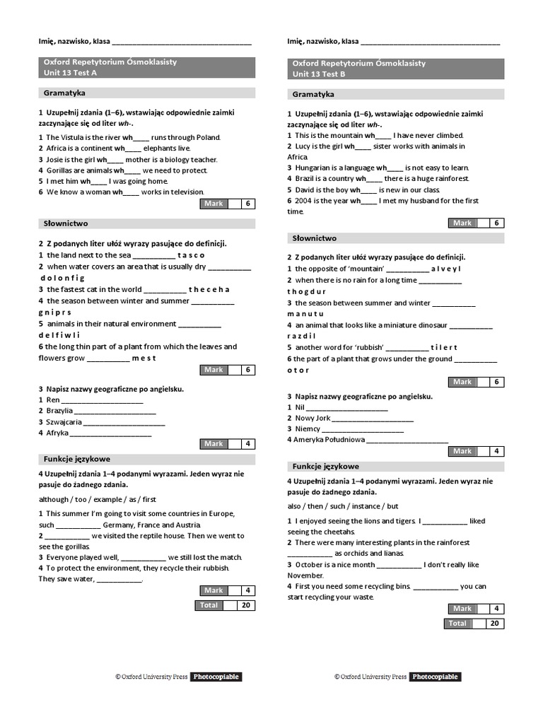 Oxford Repetytorium Àsmoklasisty Unit - 13 - Test - Kopia | PDF