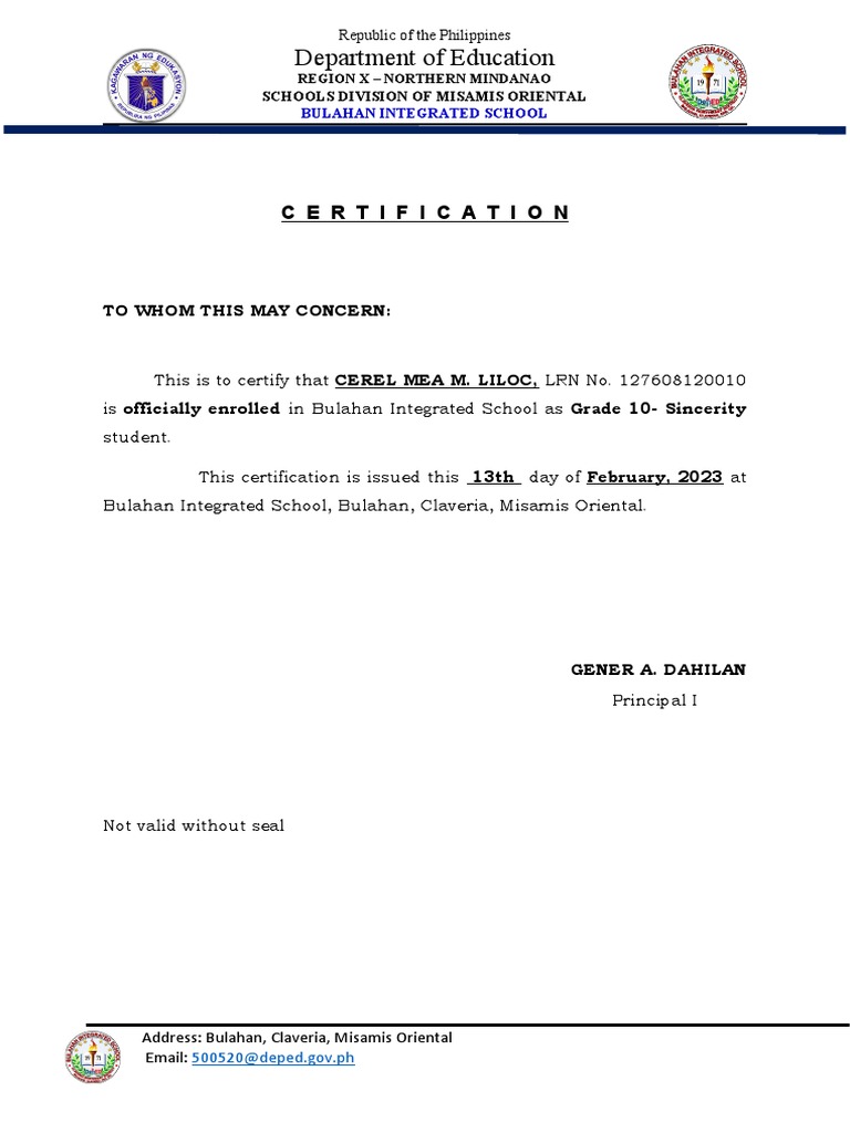 Certification of Enrollment | PDF