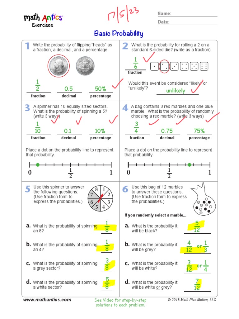 Math Antics Exercises - BasicProbability - Answers | PDF | Mathematics | Arithmetic