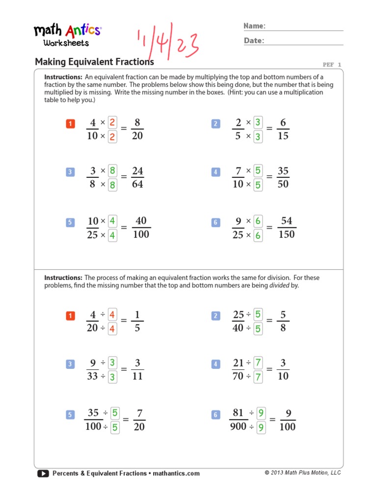 Math Antics Worksheets - PercentsAndEquivalentFractions - Answers | PDF ...