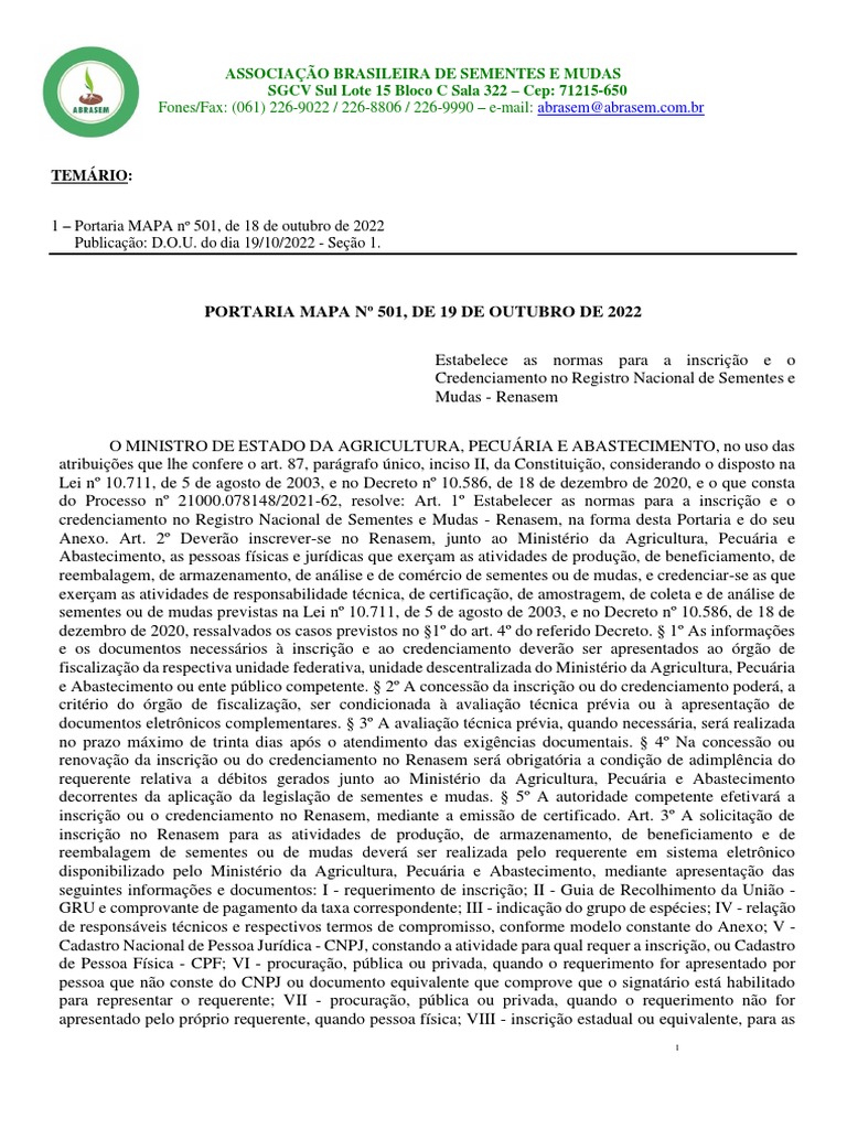 Portaria MAPA No 501 de 18 de Outubro de 2022 Estabelece Normas P ...