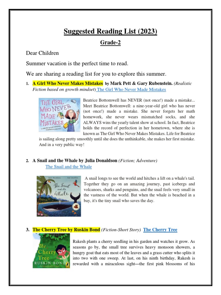 Final Summer reading list- Grade-2-2023-24 | PDF