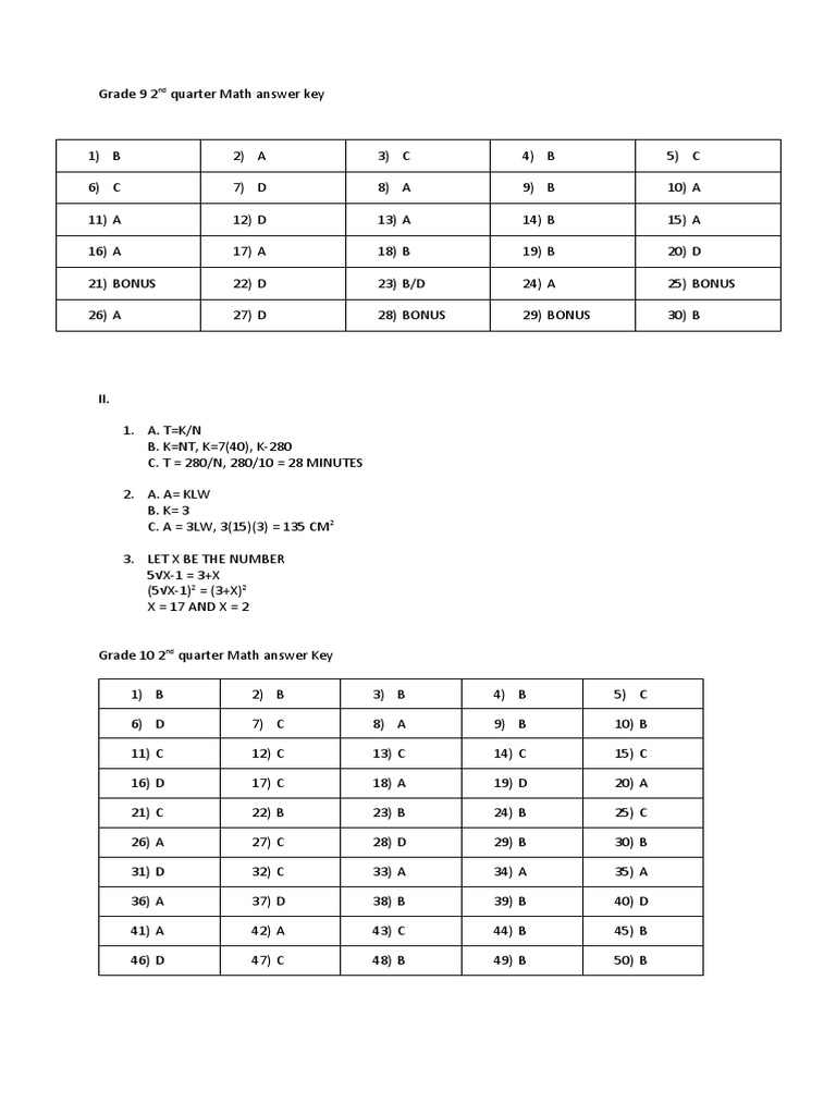 Grade 9 and 10 2nd Quarter Math Answer Key | PDF