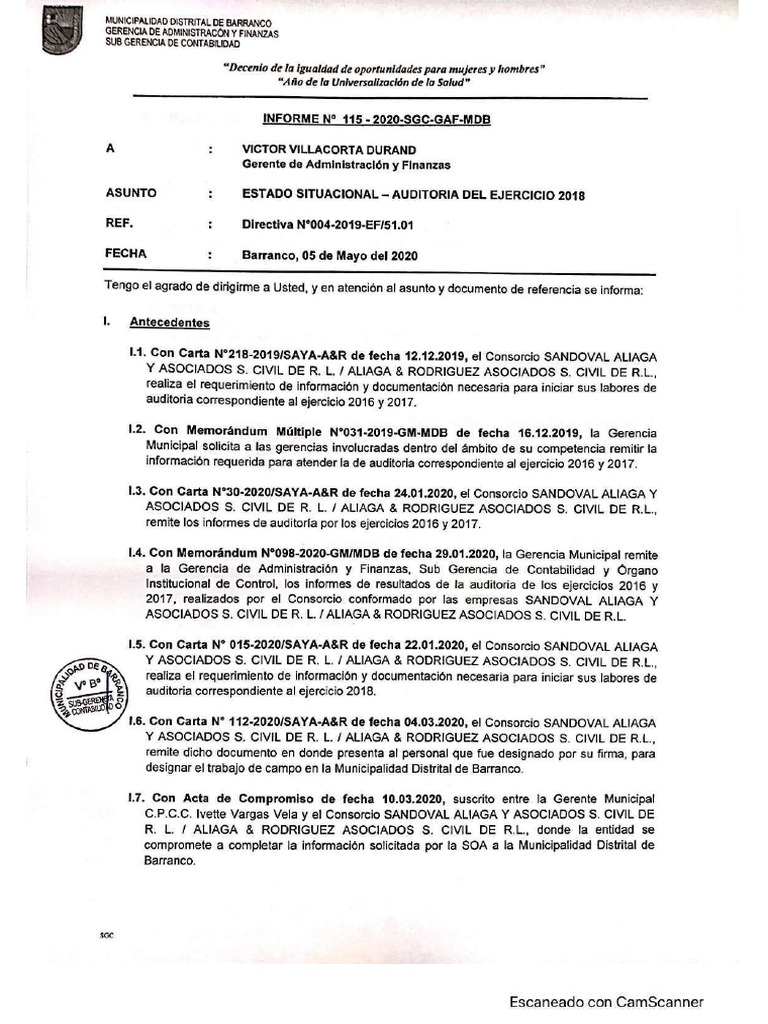 Informe N115 Estado Situacional Auditoria Del Ejercicio 2018 - Compressed - Compressed | PDF